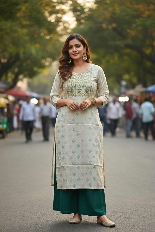 Off-White & Emerald Green Embroidered Office Wear (IB038) – Inilan Boutique